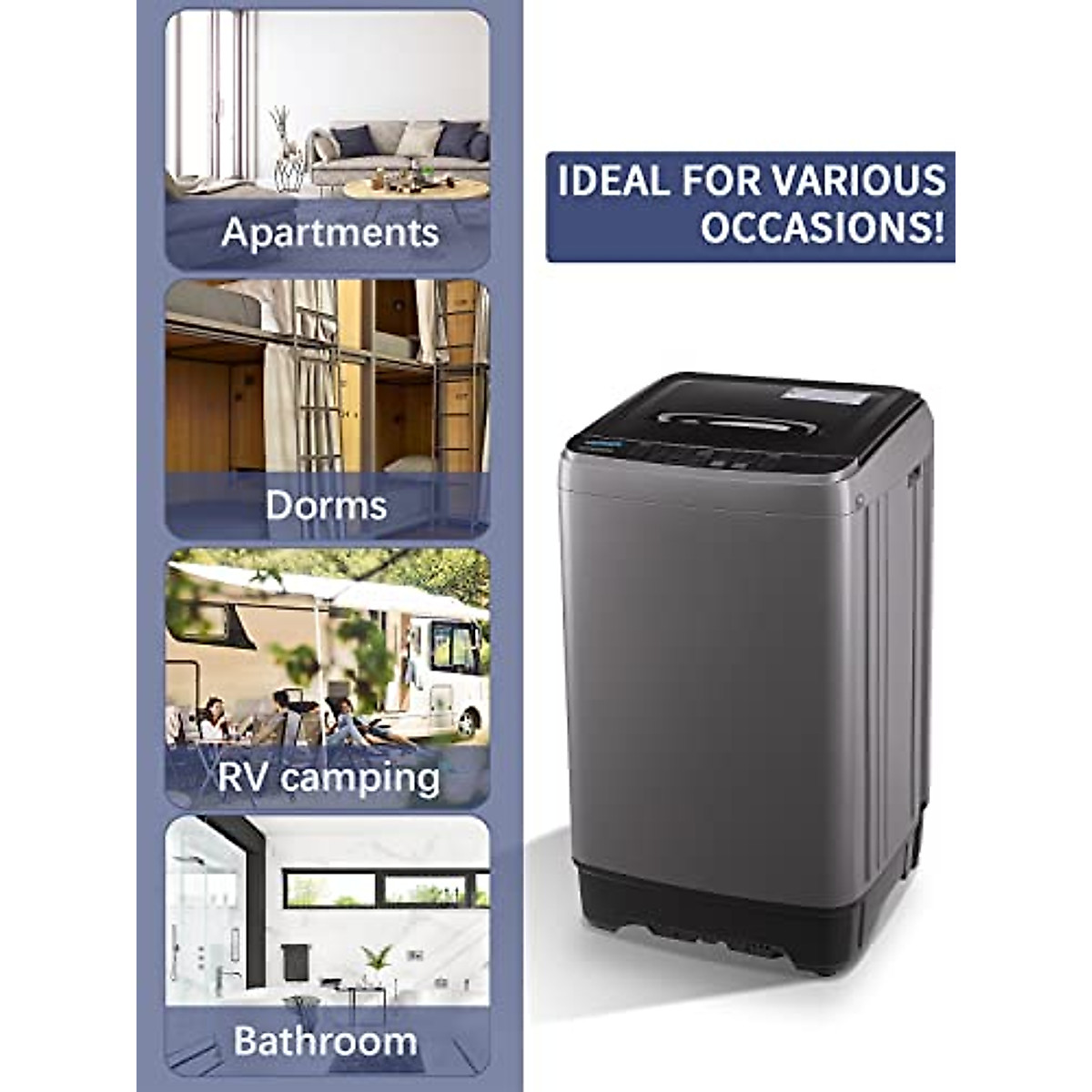 Krib Bling Full-Automatic Washing Machine with Drain Pump, 17.7 lbs Compact Washer, 10 Wash Program & 8 Water Level, Ideal for Apartment, Dorm, RV Grey