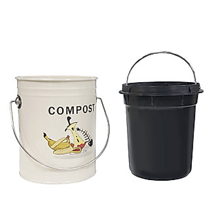 SOTECH Round Compost Bin Kitchen Garbage Can for Kitchen Counter Garden Compost Can with lid Metal Shell Plastic Liner Trash Can Household Garbage Collection Kitchen Decoration Indoor Composter