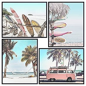 Beach Decor - Beach Wall Art - Tropical Palm Trees, Surfing Posters 8x10 - Unique Home Decor for Lake or Ocean House, Bathroom, Bedroom, Living Room, Office - Gift for Surfers - Nautical Photo Set