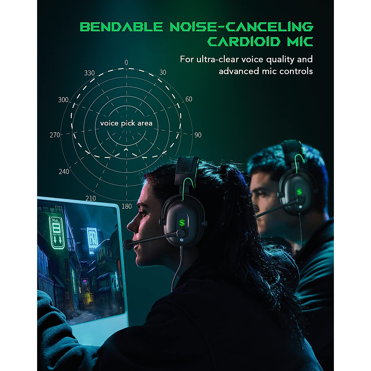 Black Shark Gaming Headset with Noise Canceling Cardioid Mic, Gaming Headsets for PC, PS4, PS5, Xbox, Switch, 50mm Dynamic Drivers, Over-Ear Gaming Headphones with Microphone & LED Light