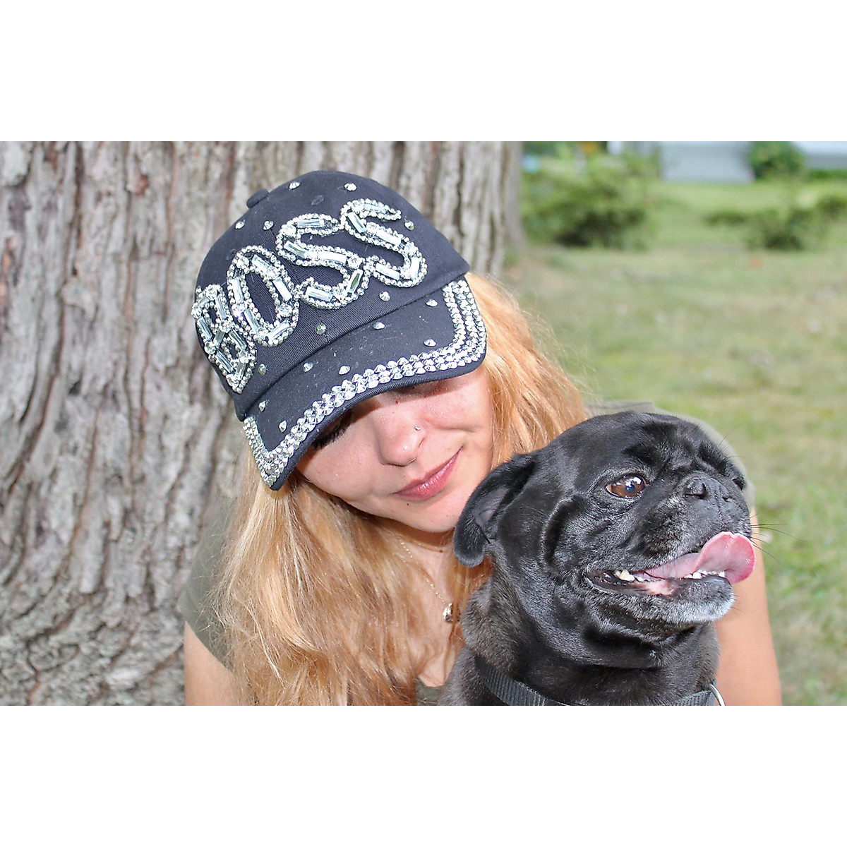 Popfizzy Bling Boss Baseball Cap for Women Rhinestone Hat, Distressed Baseball Caps, Denim Ball Caps (Boss (Black))