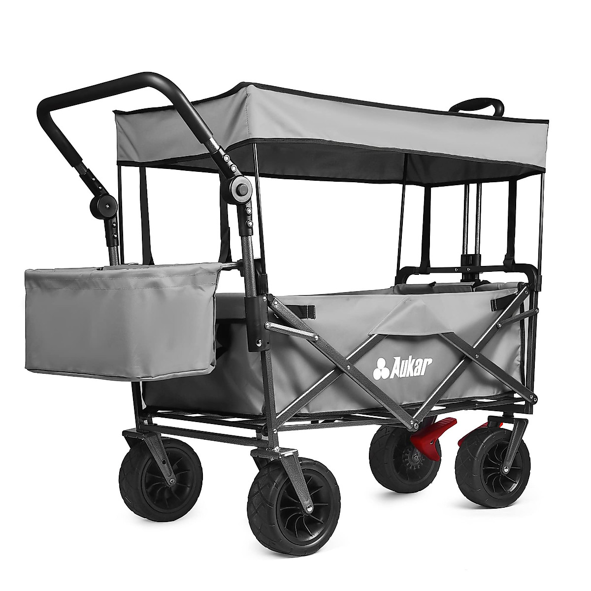 AUKAR Collapsible Canopy Wagon - Heavy Duty Utility Outdoor Foldable Garden Cart - with Adjustable Push Pulling Handles,Big Wheels for Sand, for Shopping, Picnic, Camping, Sports - Grey