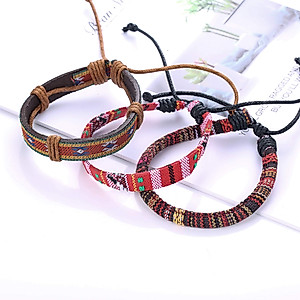 FINREZIO 24 Pcs Braided Leather Bracelet Set For Women Men Wristbands Boho Ethnic Tribal Linen Hemp Cords Beads Wrap Bracelets String Handmade Jewelry
