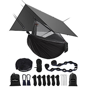 Sunyear Hammock Camping with Rain Fly Tarp and Net, Portable Camping Hammock Double Tree Hammock Outdoor Indoor Backpacking Travel & Survival, 2 Tree Straps,100% Waterproof, Black