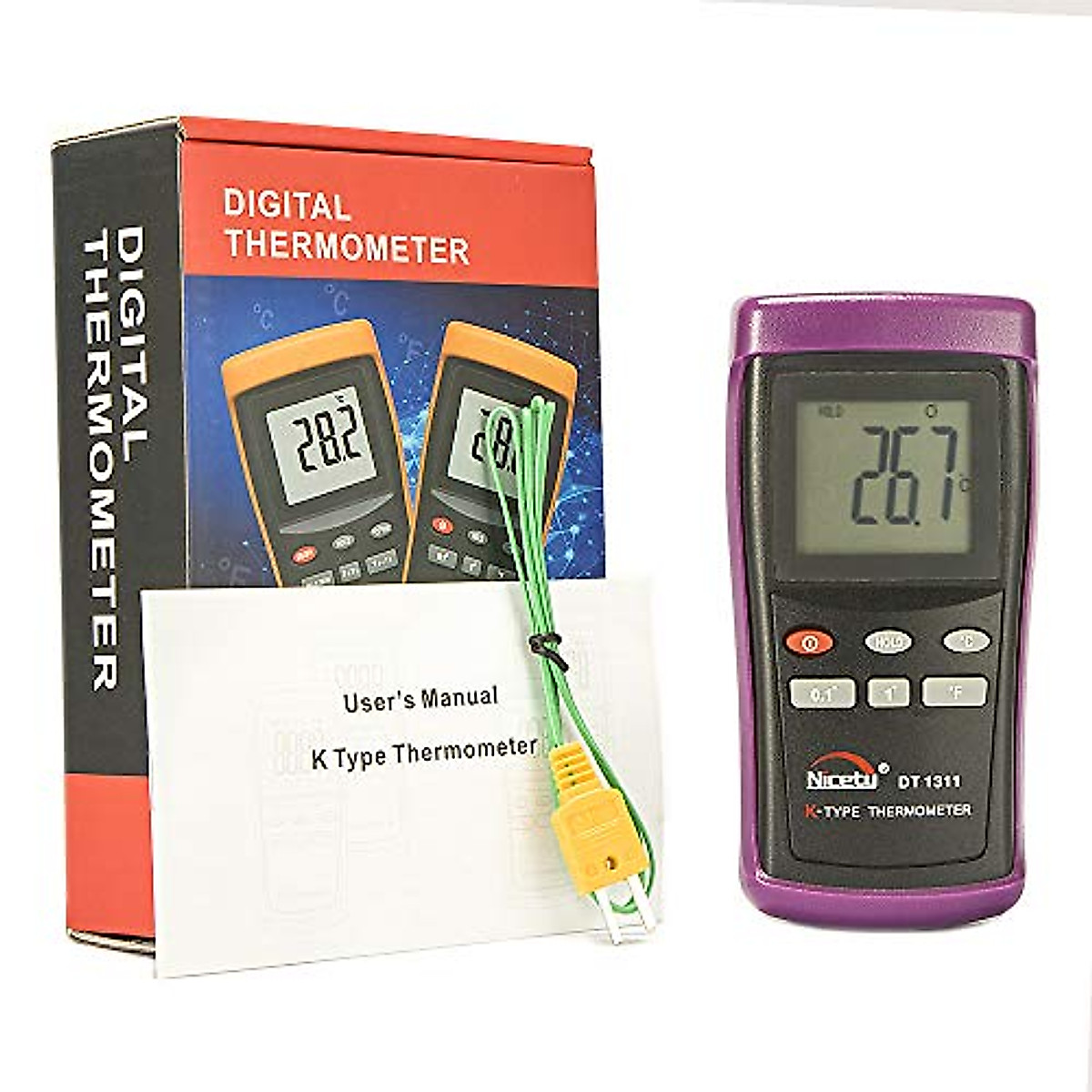 Digital Scientific K-Type Thermocouple Thermometer with 1 Sensor Wire Probe and 3" Stainless Steel Insertion Probe DT1311