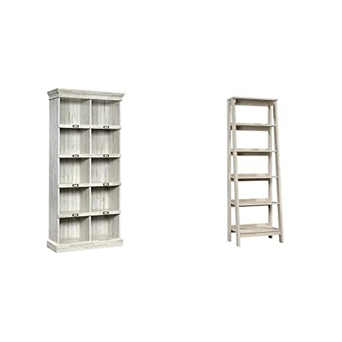 Sauder Barrister Lane Bookcase, L: 35.55" x W: 13.5" x H: 75.04", White Plank & Trestle 5-Shelf Bookcase, Chalked Chestnut Finish