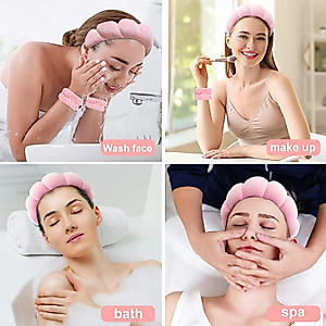 VNIHTT Bubble Makeup Headband for Washing Face Cute Pink Towel Sponge Spa Skincare Headbands Soft Fluffy Hairband for Women Girls with Wrist Towels for Wash Face and Make Up Powder Puff