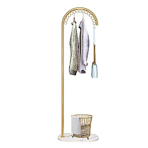 CQAEBK Metal Coat Rack Freestanding, Entryway Clothes Hanger Stand with 15 Hooks & Marble Base, L Shaped Garment Display Rack for Living Room Retail Bathroom, Gold/White, 19.7x11.8x63.8in