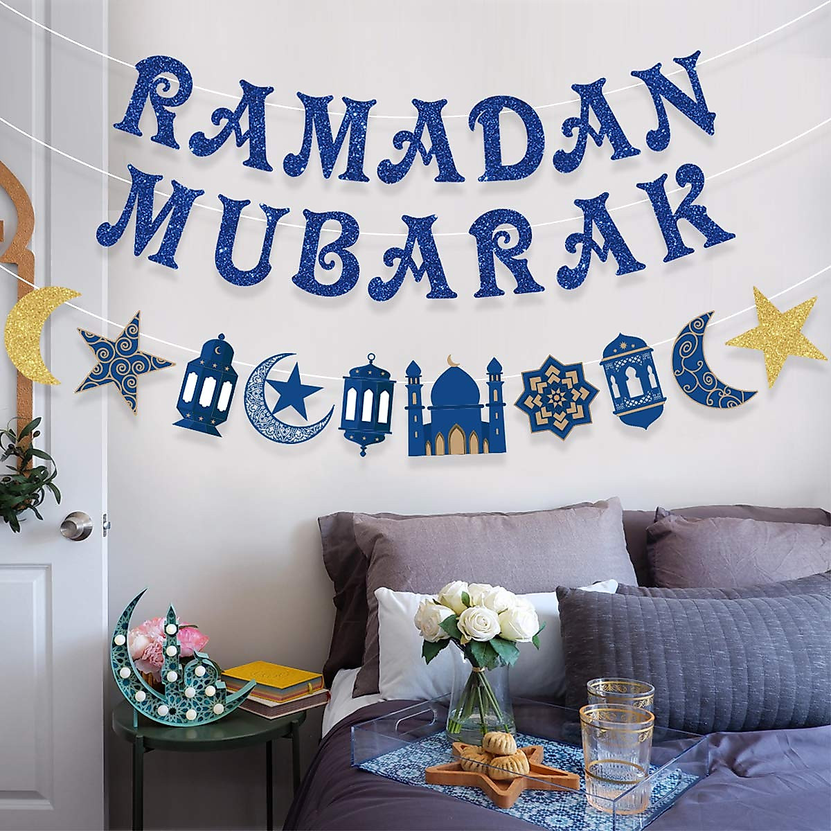 Blue Glitter Ramadan Mubarak Banner Eid Mubarak Decoration, Muslim Islamic Party Decoration, Ramadan Decorations for Home Ramadan Kareem Party Supplies Star and Moon Garland Product Name
