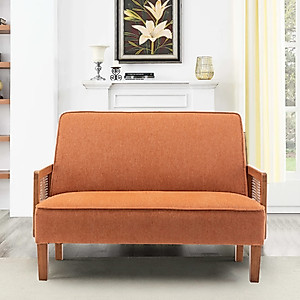 Changjie Furniture Rattan Sofa Small Loveseat Sofa Couch with Arms Upholstered Small Love seat Mini Sofa Couch for Bedroom Living Room Orange