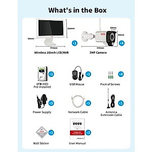 [2K&2 Way Audio&Dual WiFi] Tonton Wireless All-in-One Ultra HD Security Camera System with 16 Inch 5MP Monitor,10CH NVR with 1TB HDD,4PCS 3MP Outdoor Bullet IP Floodlight Cameras with PIR,Plug & Play