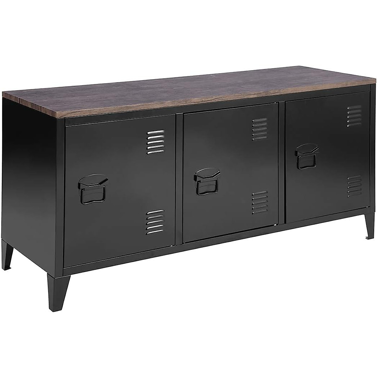 FurnitureR Office File Storage Console Cupboard Metal Cabinet 3 Door Cupboard Locker Organizer with Walnut MDF Top Black Metal Frame