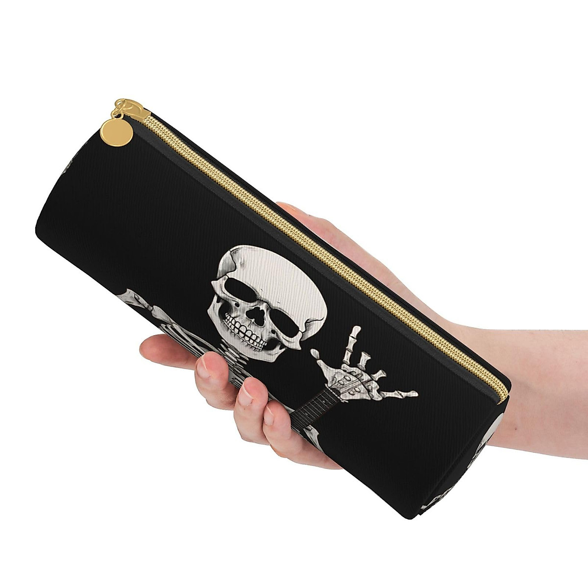 Rock And Roll Skeleton Skull Boho Hippie Cylinder Pencil Case Holder Zipper Pen Bag Pouch Students Stationery Cosmetic Bag