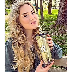 24 oz Reusable Boba Cup Smoothie Tumbler with Resealable Lid Plug, Double Wall Insulated, Boba Tea Kit, Leakproof Bubble Tea Cup, Reusable Boba Straw for Boba Pearls, Bubble Tea Kit, Boba Kit (Black)