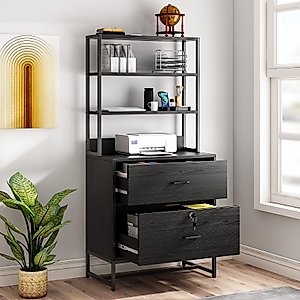 Jehiatek File Cabinets for Home Office with Lock 2 Drawer, Office Organization and Storage, Large Vertical Filing Cabinet with Bookshelf, Sturdy, Durable, Easy to Assemble and Clean (Black)