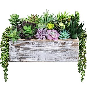 19 Pcs Assorted Artificial Succulents Fake Plants in Rectangular Wooden Pot Succulents Garden in Wood Planter Box Potted Succulents Plants Arrangement for Table Centerpiece Windowsill Greenery Decor