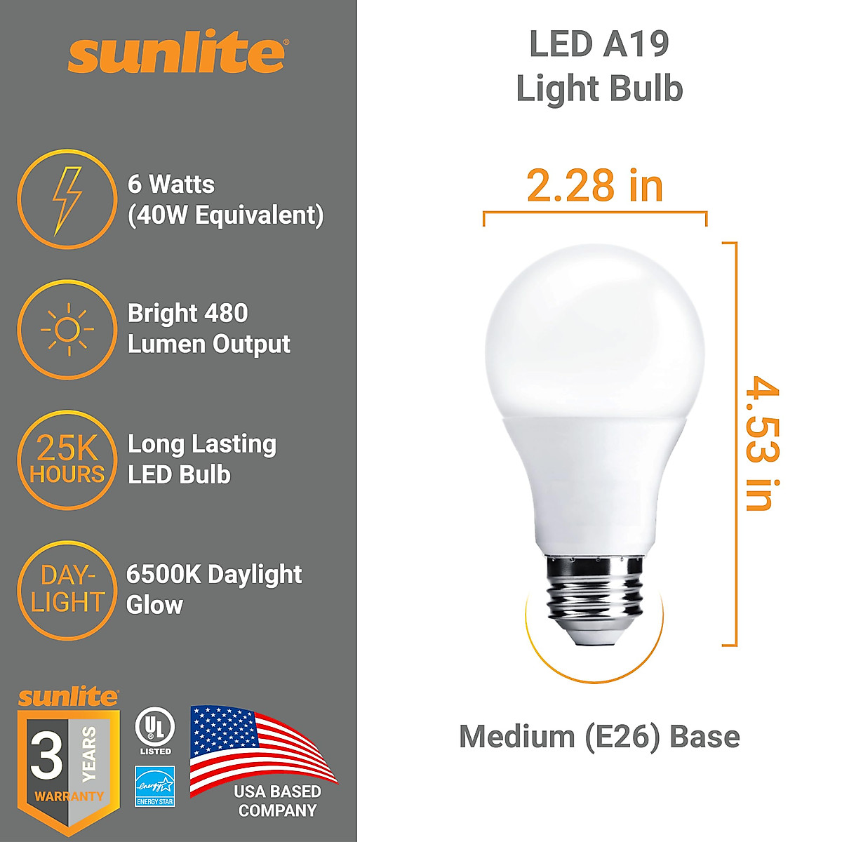 Sunlite LED A19 Light Bulb, 6 Watts (40 Watt Equivalent), 480 Lumens, 120 Volts, Dimmable, Medium E26 Base, Energy Star, UL Listed, RoHS, 6500K Daylight, 1 Pack