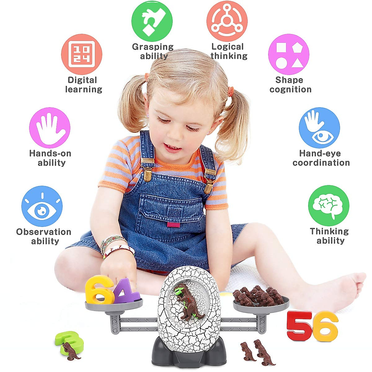 Nueplay 62PCS Balance Math Game, Kids Cartoon Dinosaur Toys STEM Educational Kindergarten Preschool Learning Counting Game for Boys & Girls, Ideal Chrismas Birthday Gift Toys for Children Toddlers