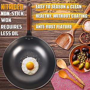 Clatine Carbon Steel Wok Pan, 13 Inch Wok and Stir-fry Pan, No Chemical Coated Wok Pan with Spatula, Nitrided Non-stick Chinese Wok Light Pan with Flat Bottom for Induction Electric Gas Stove