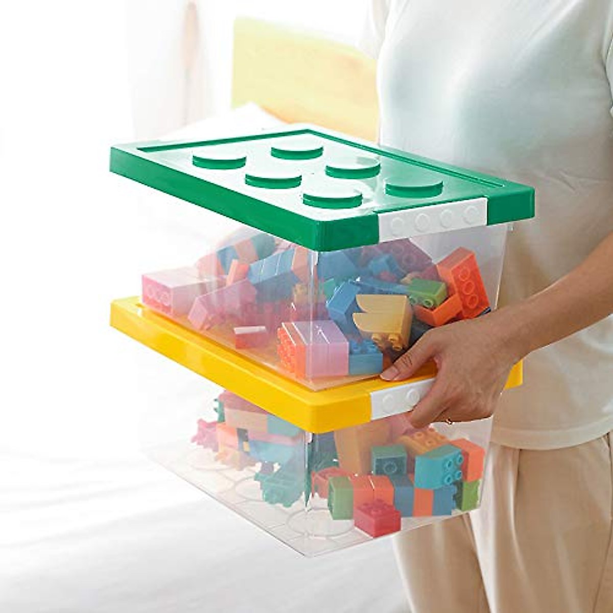LUCKY-GO Toy Storage Organizer Bins with Lid - Stackable Plastic Organizer Box Set of 2, Kids Toy Chests with Compatible Building Baseplate and Lid, Storage Container for Building Bricks & Toys