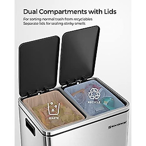 SONGMICS Dual Trash Can, 2 x 4 Gal (2 x 15L) Garbage Can, Steel Pedal Recycle Bin with Lid and Inner Buckets, for Small Kitchens, Fingerprint-Proof, Soft Closure, Airtight, Silver ULTB30H