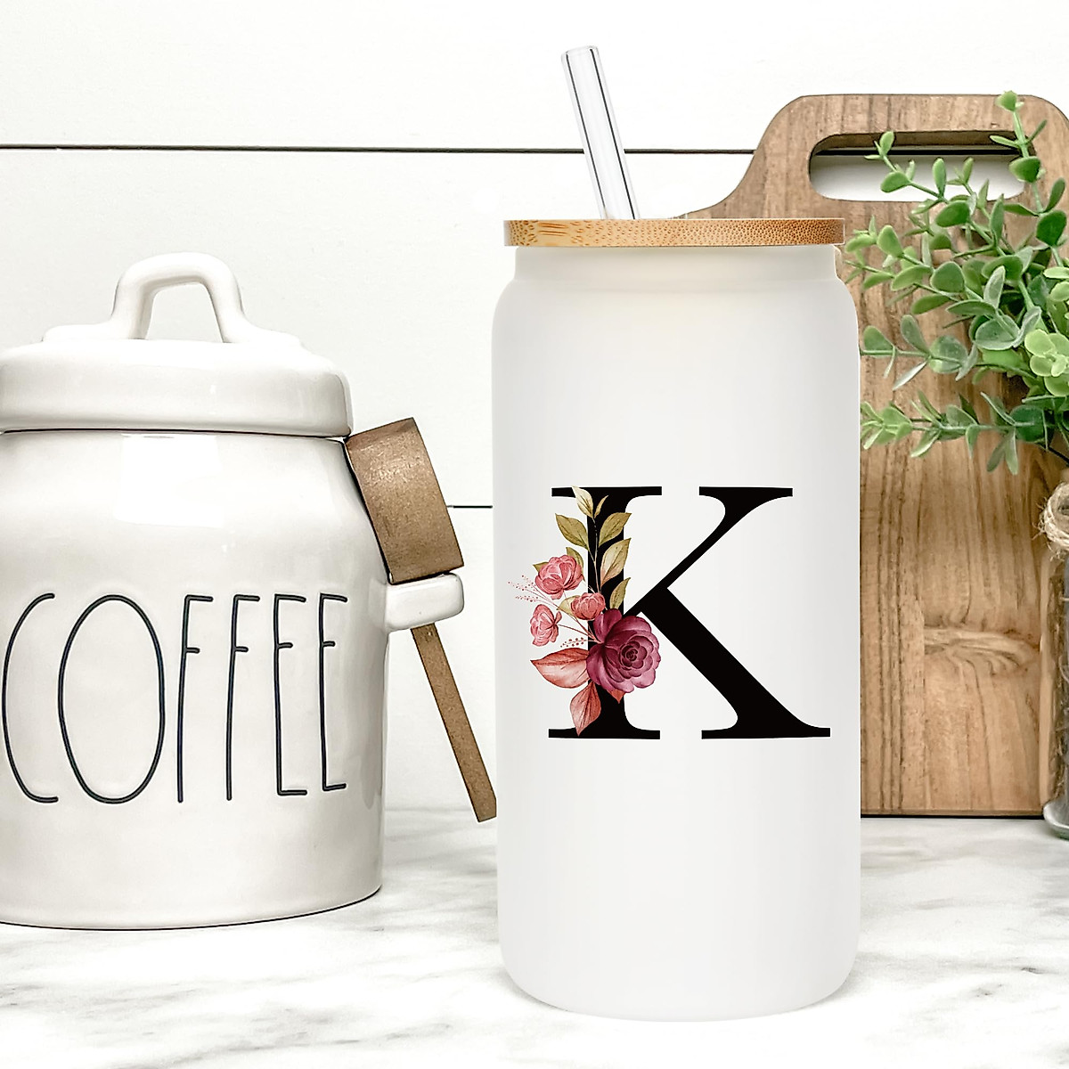 Personalized Gifts for Women, Monogrammed Frosted Glass Tumbler with Straw and Lid, Cute Customized Mug, Custom Initial Iced Coffee Glasses, Customizable Drinking Cup, Birthday Teacher Woman, M
