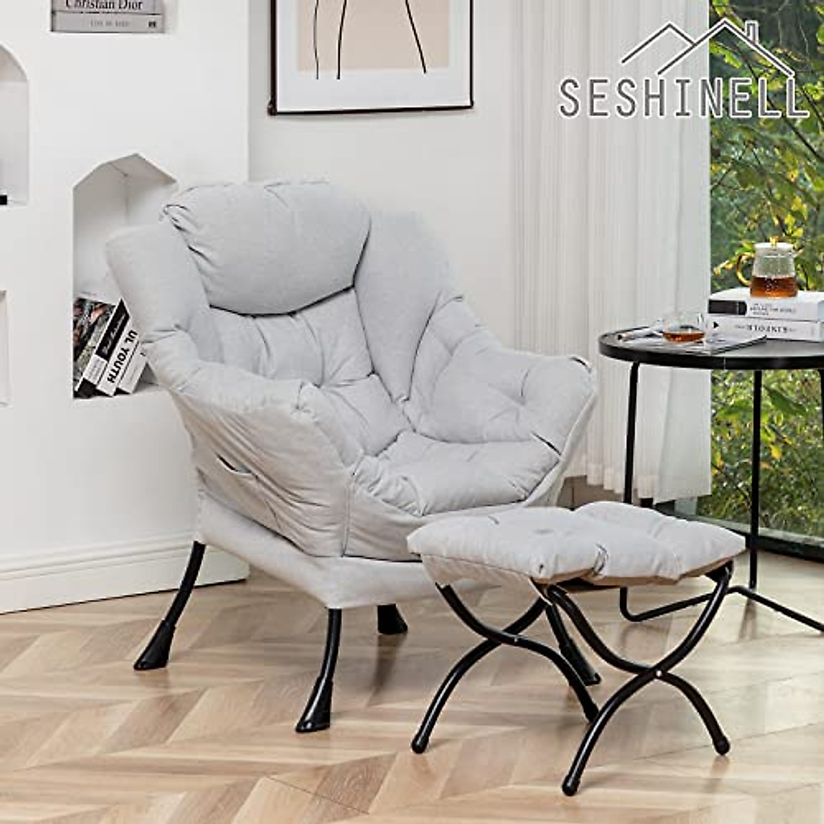 SESHINELL Lazy Chair with Ottoman, Modern Accent Chair Contemporary Lounge Leisure Sofa Chair with Armrests, Reading Chair and Folding Footstool Set for Living Room, Bedroom, Office, Light Grey