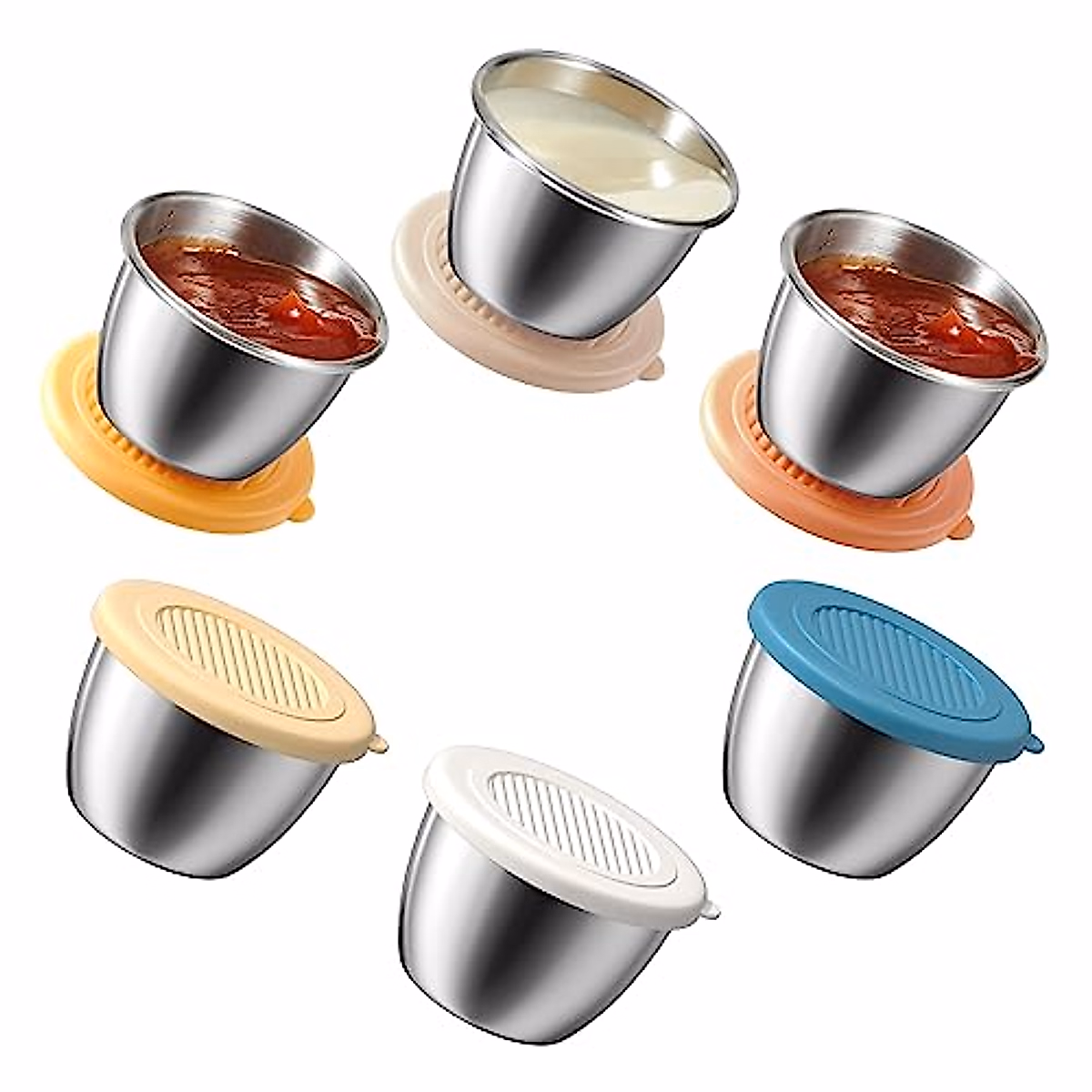 YBOBK HOME 6 Pack Salad Dressing Container To Go, 2.5oz Small Condiment Containers With Silicone Leakproof Lids, Reusable 18/8 Stainless Steel Sauce Container For Bento Lunch Box, Picnic and Travel