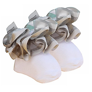 3 Pairs 3D Three-dimensional Ruffled Lace Cotton Socks,Cute Double Big Lace Dress Princess Socks for Girls (3Pairs-Black/White/Grey, 0-12 Months)