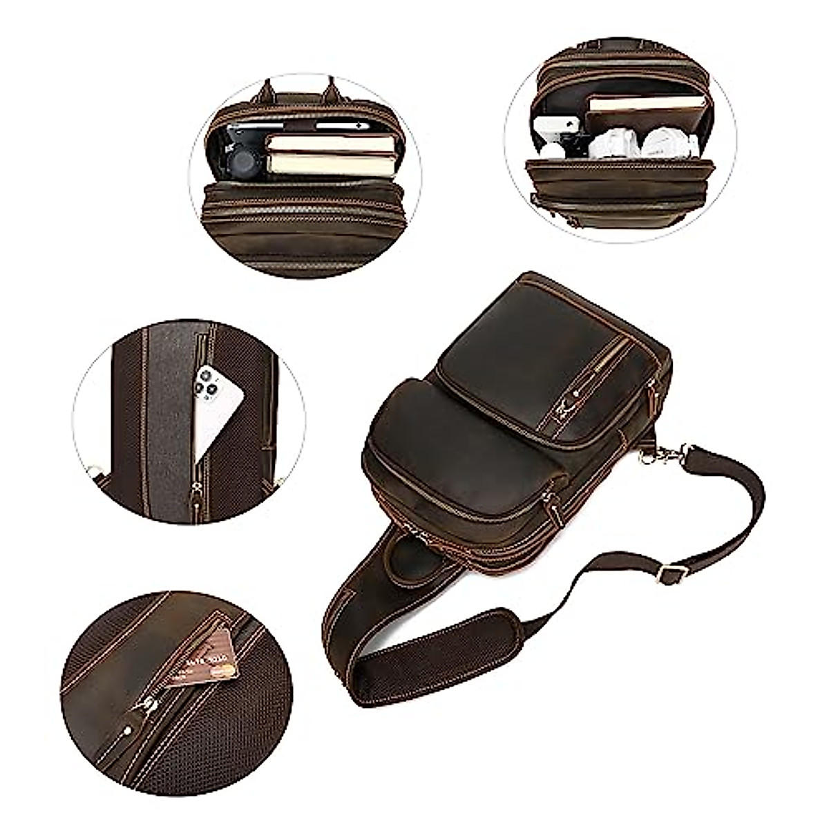 LANNSYNE Full Grain Leather Sling Bag For Men Crossbody Chest Daypack fits 12.9" iPad