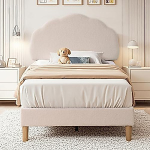 VECELO Twin Size Bed Frame, Upholstered Platform Bedframe with Height Adjustable Plush Fabric Headboard, Strong Wood Slat Supports, No Box Spring Needed, Beige