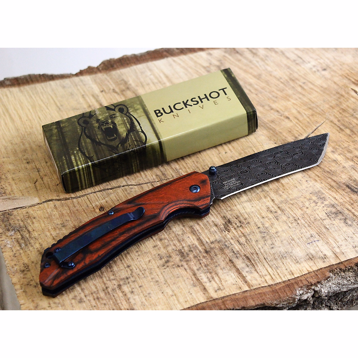 Buckshot Knives PBK220 Thumb Open Spring Assisted Tanto Cleaver Classic Wood Handle Pocket Knives (PBK220DS)