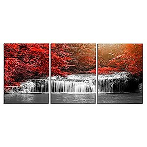 Visual Art Decor 3 Pieces Black White and Red Canvas Wall Art Red Forest Waterfall Poster Print Landscape Picture Framed Artwork for Office and Home Decor Ready to Hang 12x16inchx3pcs