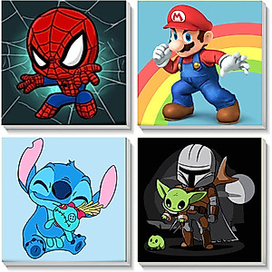 xackcme 4 Pack Cartoon Paint by Number for Kids with Wooden Frame-Cartoon Paint by Numbers for Kids Ages 4-8-12,Easy Paint with Numbers DIY Acrylic Oil Painting Kits for Home Wall Decor(8X8inch)