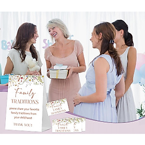 Baby Shower Games Family Traditions Sign, 1 Standing Sign and 50 Cards, Boho Floral Gender Neutral Decoration, Gender Reveal Party, Bridal Shower Favor Supplies-LT18