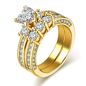 2 Rings His and Hers Couple Rings Bridal Sets Yellow Gold Filled Heart Cz Womens Wedding Ring Sets Man Wedding Bands