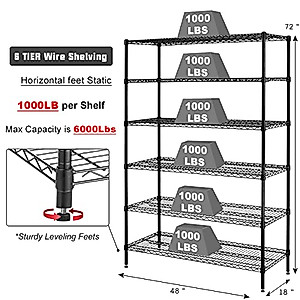 Dlewmsyic 6 Tier Storage Shelves, 5999 Lbs Capacity Metal Shelf with Wheels Height Adjustable NSF Certification 48" L×18" W×72" H Heavy Duty Wire Shelving Units for Garage Pantry Kitchen Rack, Black