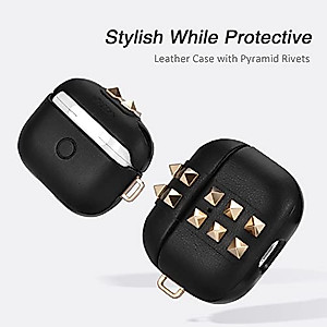 Nereides Compatible with AirPods 3 Case, Protective Leather Cover with Keychain, High-end Fashion Design Skin with Bling Rivets for Women, Supports Wireless Charging, Black