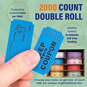 50/50 Raffle Tickets Double Roll - Bulk Box of 8 Colors - 2000 Ticket Count Per Roll - Easy Tear Away Stubs for Contact Info - Raffle Drum Tickets Roll for Drinks, Carnival, Chinese Auction, Events