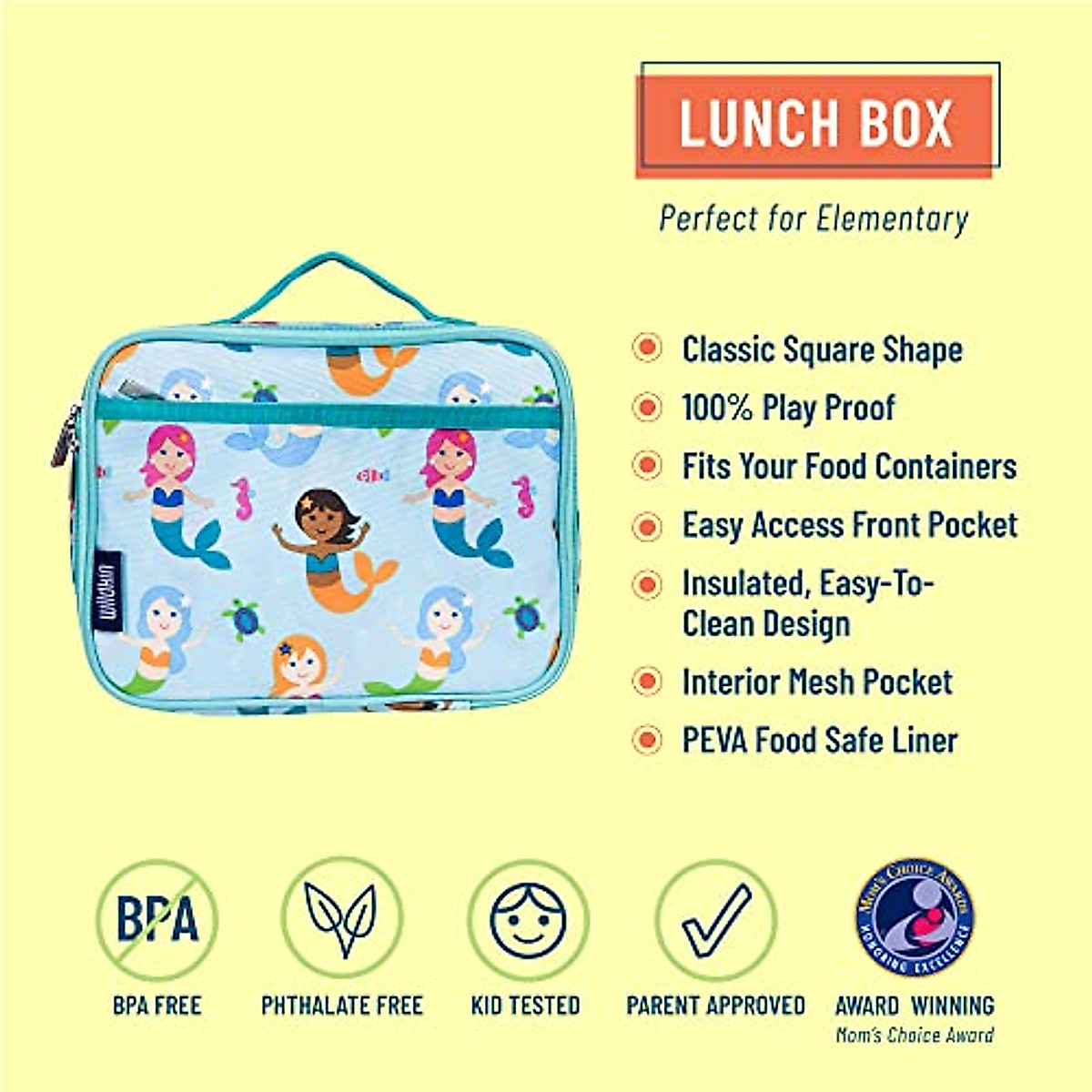 Wildkin Kids Insulated Lunch Box Bag for Boys & Girls, Reusable Kids Lunch Box is Perfect for Early Elementary Daycare School Travel, Ideal for Hot or Cold Snacks & Bento Boxes (Mermaids)