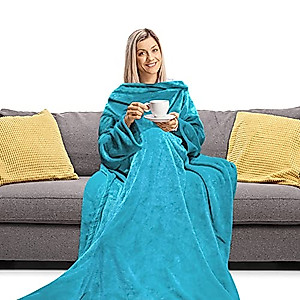 Sunyana Premium Fleece Wearable Blanket with Sleeves,Lightweight Wearable TV Throws Warm Cozy Super Soft Sleeved Wrap Robe Blanket for Indoor Living, Gift for Adult Women and Men(Lake Blue)