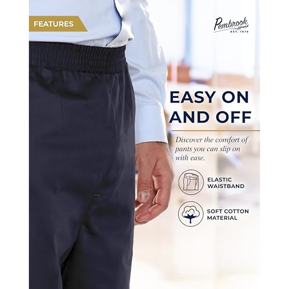 Pembrook Mens Elastic Waist Pants for Seniors | Navy Mens Elastic Waist Dress Pants | Loose Fit Adaptive Pull on Jeans for Men