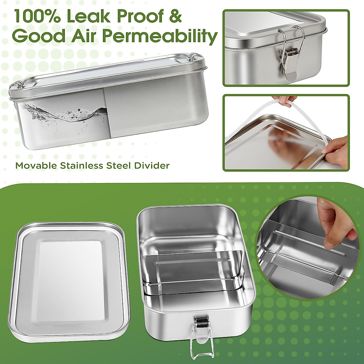 SUTETLW 304 Stainless Steel Bento Box 3 Pack Stainless Steel Containers With Lids 2400/1400/850ml,Leak-Proof & Stackable Storage Stainless Steel Food Storage Containers for Soup Salad Leftover