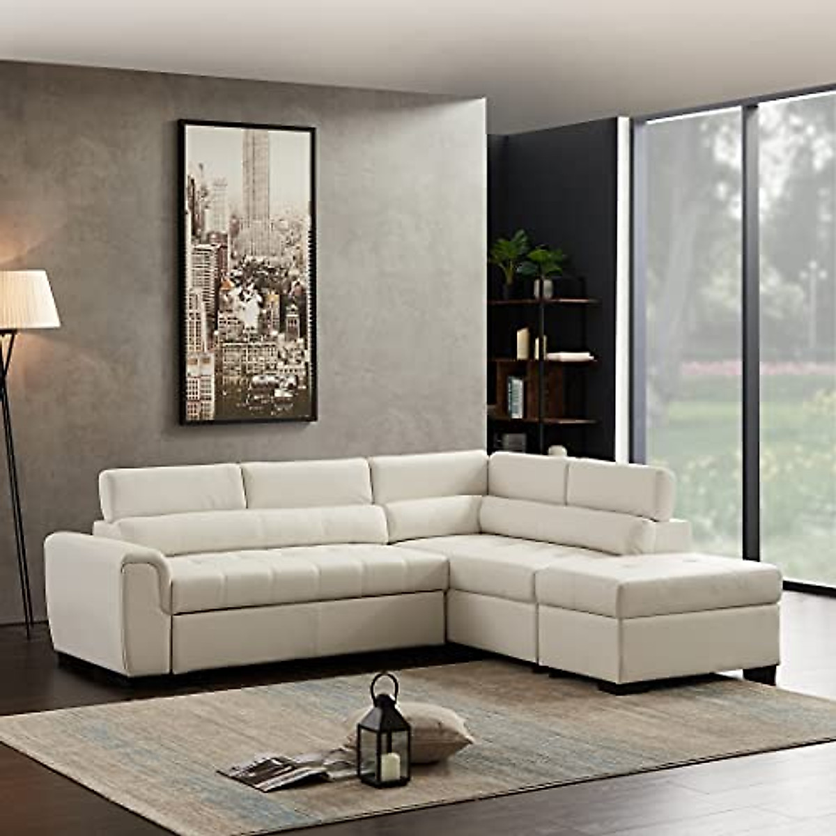 Convertible Sectional Sofa with Pull Out Bed and Adjustable Headrest , Faxu Leather Upholstered Reversible Corner Couch with Chaise and Removable Ottoman, L Shaped Tufted Sofa&Couches for Living Room