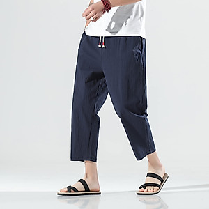 PRIJOUHE Mens Harem Pants Casual Lightweight Loose Fit Capri Pants Linen Beach Pants with Elastic Waistband