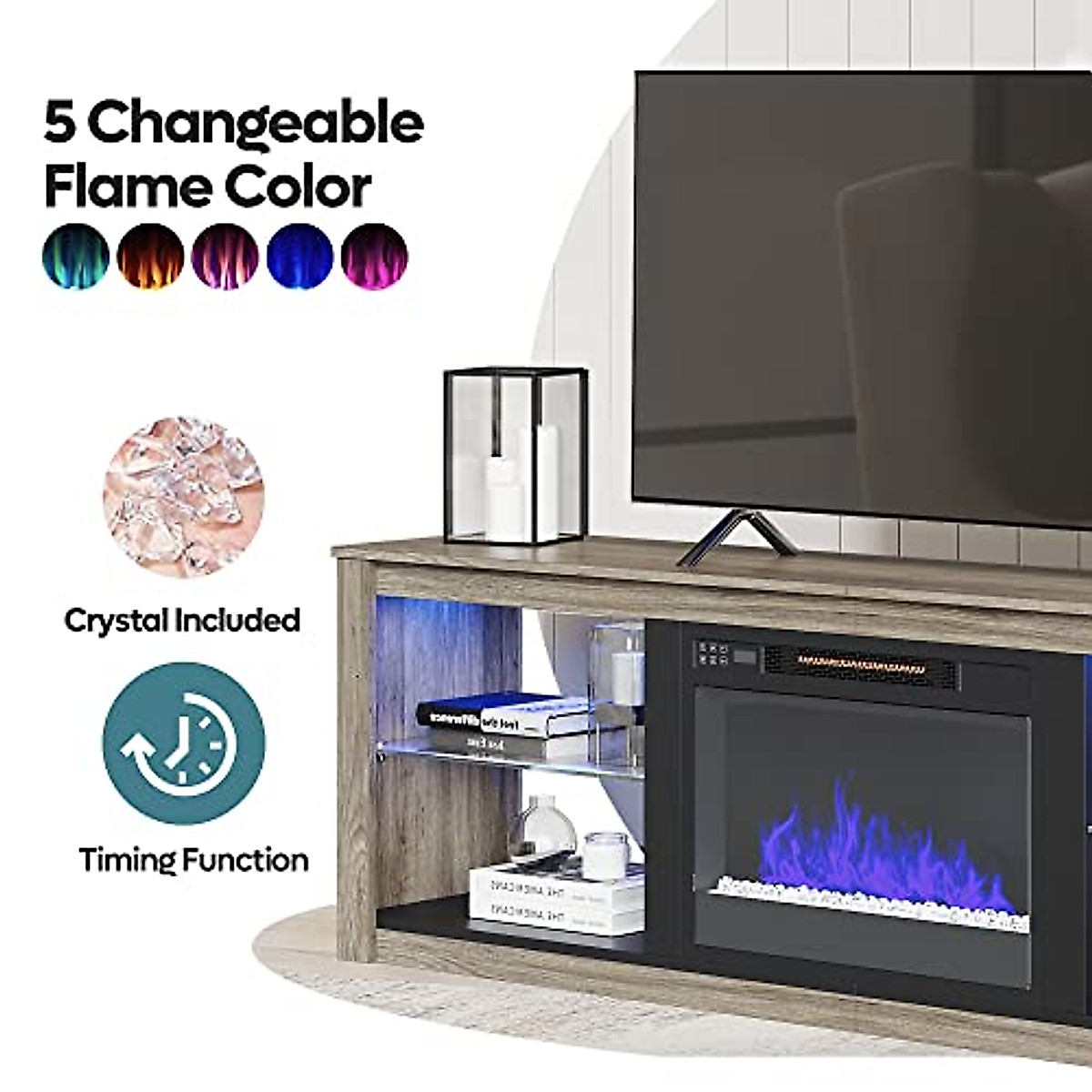 Bestier Fireplace TV Stand for 75 inch TV with 23 inch Electric Fireplace, 70 inch Entertainment Center with LED Light, Glass Shelves for Living Room, Wash Gray