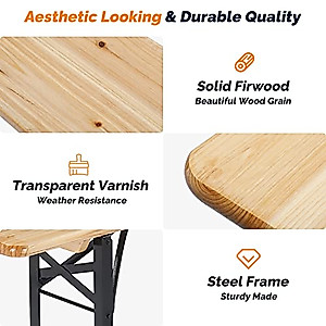 VINGLI Folding Picnic Tables with Benches Set, Weather-Resistant Wooden Beer Garden Table Bench, 3-Piece Portable Fold Up Camping BBQ Table w/Carrying Handles