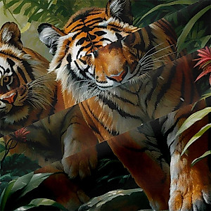 Ydtwnyq Tiger Bedding Set King, Dark Green Comforter Set, Tropical Plants Wildlife Animal Tiger Comforter Set Quilt Cover with 2 Pillowcases for Kids Teens Adults