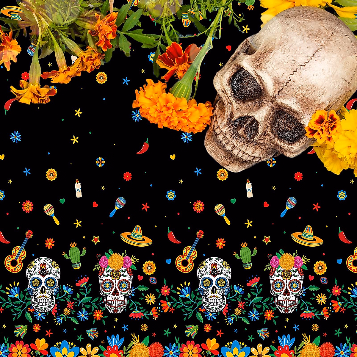 3 Pieces Day of The Dead Plastic Tablecloth Dia De Los Muertos Sugar Skull Floral Table Cloth Disposable Rectangle Table Cover for Halloween Mexican Fiesta Birthday Coco Party Supplies, 54 x 108 Inch