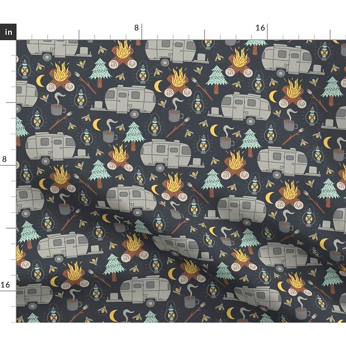 Spoonflower Fabric - Retro Camping Camper Campfire Fireflies Coffee Outdoors Printed on Petal Signature Cotton Fabric by The Yard - Sewing Quilting Apparel Crafts Decor